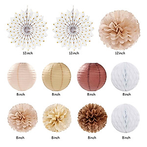 White-Brown Champagne-Gold Boho Birthday Party-Decorations - 21pcs Happy Banner,Beige Neutral Rustic Paper Lanterns Honeycomb, Hanging Streamers,Tissue Pom Poms Flower Fan,Fall Decor Supplies Huglony