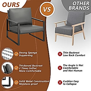 AWQM Modern PU Leather Accent Chair Arm Chair with Extra-Thick Padded Backrest and Seat Cushion Sofa Chairs for Living Room Bedroom, 105 Degree Slant Back, Non-Slip Adsorption Feet, Grey