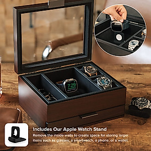 CASE ELEGANCE Monogrammed 8 Slot Watch Box Case Organizer for Men, Cherry Wood Walnut Finish, Watch Display Case, Modular Valet Tray, Compatible with Apple Watch Stand, Accessory Drawer, Pillow Stands