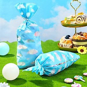 Outus 100 Pieces Blue Sky White Clouds Birthday Party Supplies Blue Sky White Clouds Cellophane Bags Cartoon Story Gift Bags with 200 Silver Twist Ties for Baby Kids Shower Birthday Party Decorations
