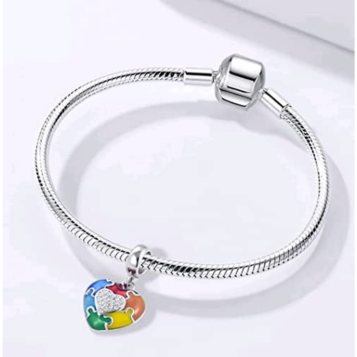 DWJSu Autism Awareness Pandora Charm Puzzle Piece Enamel ASD Bead You Fit Me Perfectly Heart Charms for European Charm Bracelet, (DW-NEW066)