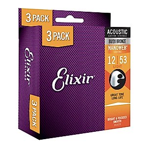 Elixir Strings, Acoustic Guitar Strings, 80/20 Bronze with NANOWEB Coating, Longest-Lasting Bright and Focused Tone with Comfortable Feel, 6 String Set, 3 Pack, Light 12-53