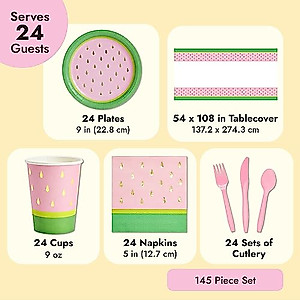 145-Pieces Pink Watermelon Party Supplies for Birthday, Baby Shower, Summer Decorations, Set includes Paper Plates, Napkins, Cups, Cutlery, and Tablecloth (Serves 24)
