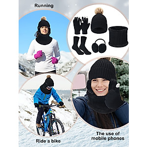 Eurzom 5 Pcs Women Warm Hat and Gloves Scarf Set Knitted Beanie Ski Outing Pompom Hat Winter Ear Warmer Ski Earmuffs Stocking (Black)