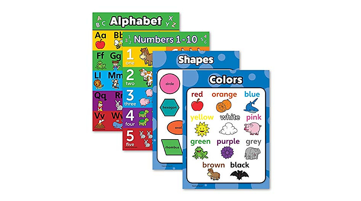Laminated Toddler Posters 4-Pk | ABC, Numbers, Shapes, Colors