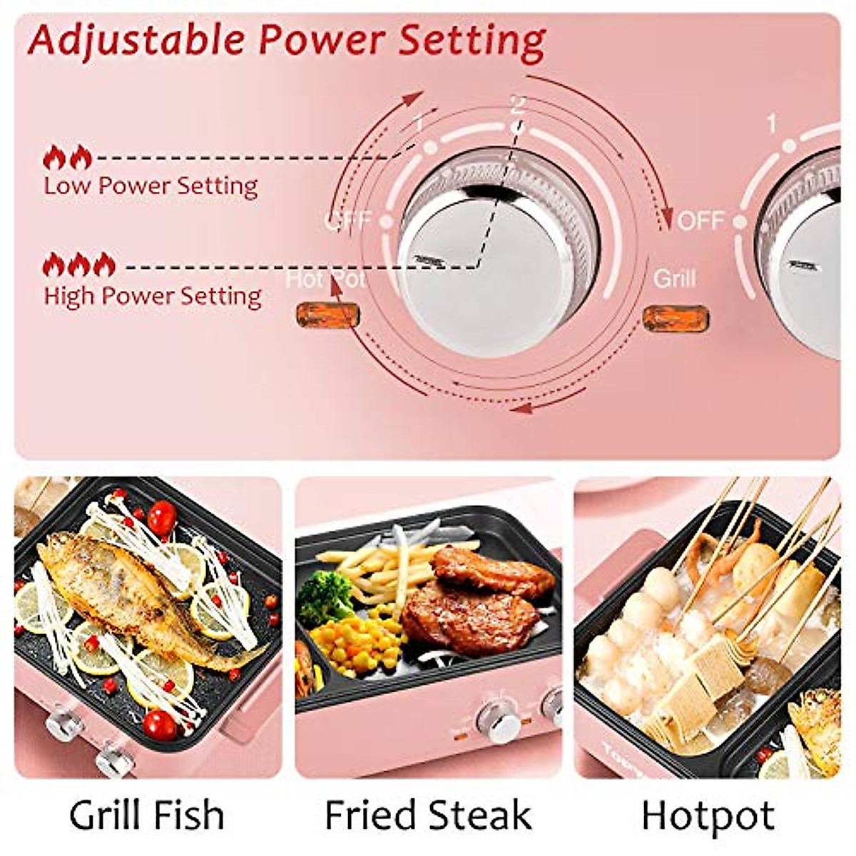 Topwit Electric Hot Pot with Grill, 2 in 1 Indoor Non-stick Hot Pot Electric with Grill for Steaks, Shabu Shabu, Noodles, Simmer and Fry, Korean BBQ Grill, Independent Dual Temperature Control, Pink