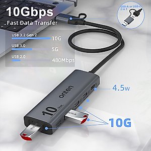 Onten 10Gbps USB C Hub,USB C to USB C/A adapter with USB3.2 GEN2 Speed. USB/USB C Splitter with 2*USBA(10G) 2*USB C(10G).4 ports USB C adapter e(Data Transfer only,Not support power and monitor)