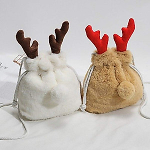 TENDYCOCO Crossbody Bag Faux Fur Purse Reindeer Antler Shoulder Bag Drawstring Bucket Purse for Women Girls