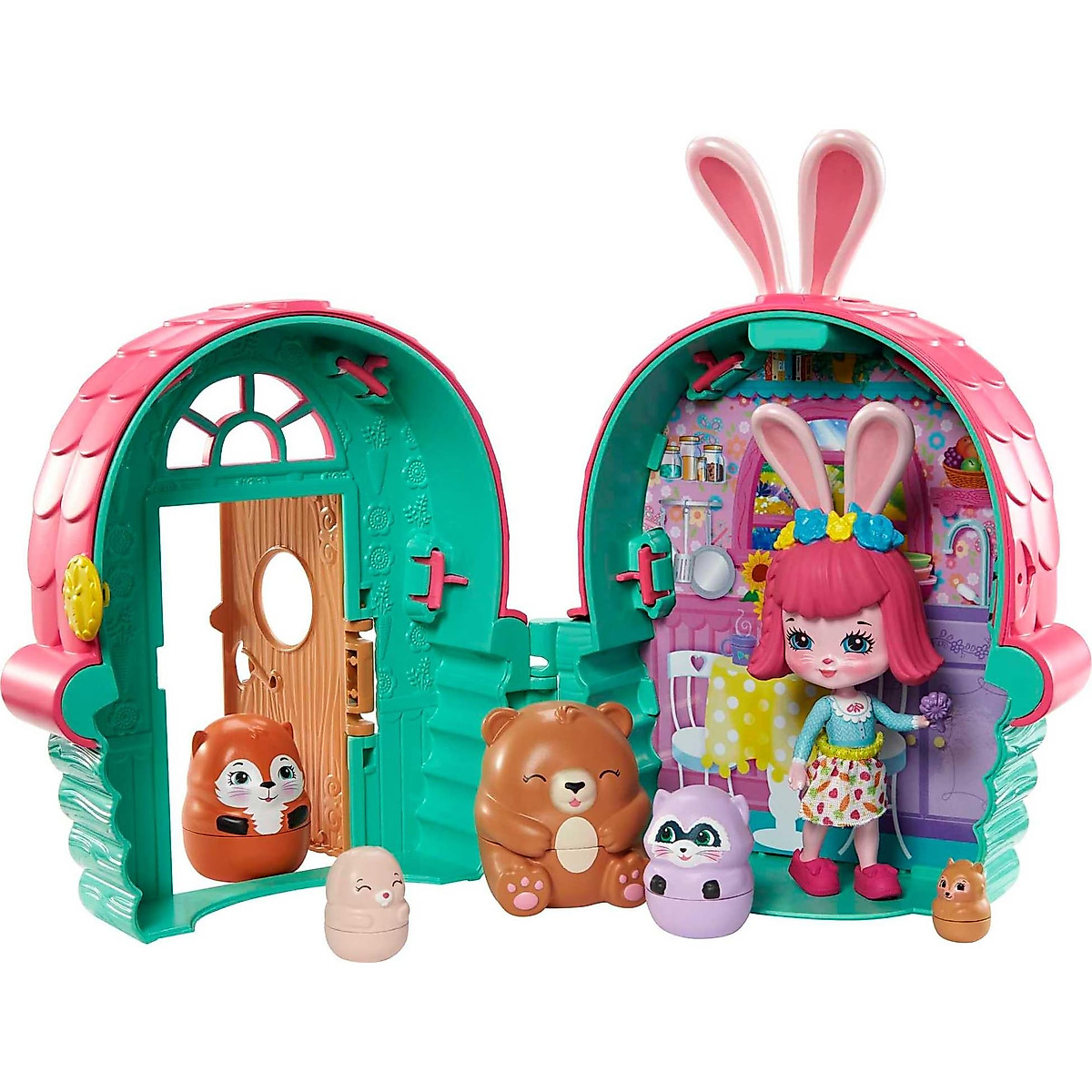 Mattel Enchantimals Secret Besties Cabin Playset with Small Doll House, Bree Bunny Doll (3.5-inch), 5 Nesting Animal Figures & Accessory, Harvest Hills Toy Collection