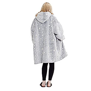 U&O Oversized Glow in Dark Wearable Sherpa Blanket Sweatshirt with Hood & Pocket and Sleeves Luminous Hoodie Blanket (Grey)