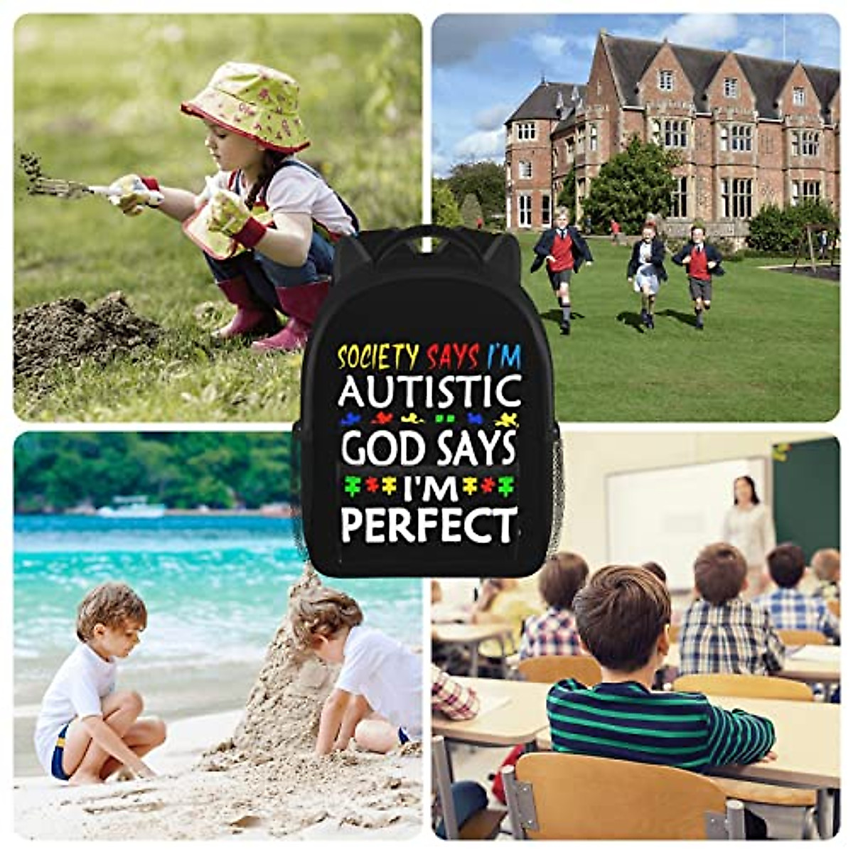 Society Say I'M Autistic God Says I'M Perfect Kids Backpack For Boys Girls Elementary Kindergarten Preschool School Bag Multifunctional Cute Large Capacity Backpack