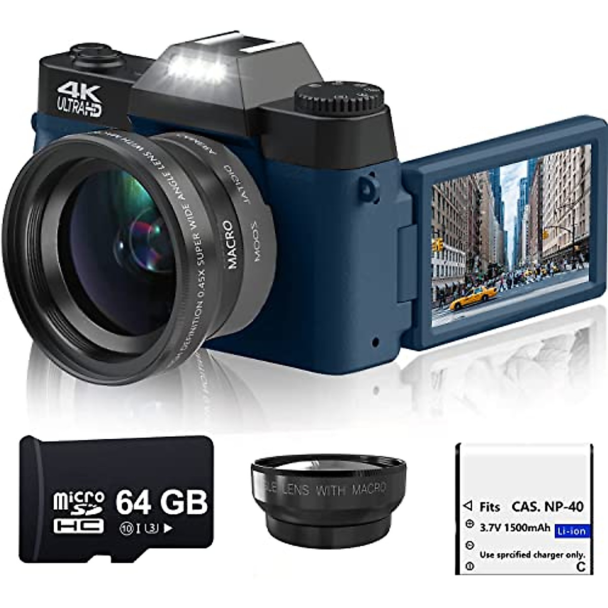 Acuvar 4K 48MP Digital Camera for Photography, Vlogging Camera for YouTube with 3.0’’ 180° Flip Screen, WiFi, 16X Digital Zoom, Wide Angle & Macro Lens, Rechargeable Battery, 64GB Micro SD Card