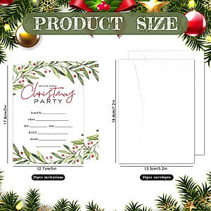 Whaline 25 Pack Christmas Party Invitation Cards Holly Greenery Watercolor Leaves&Berries Invitation Paper Cards with Envelopes Xmas Holiday Party Invites