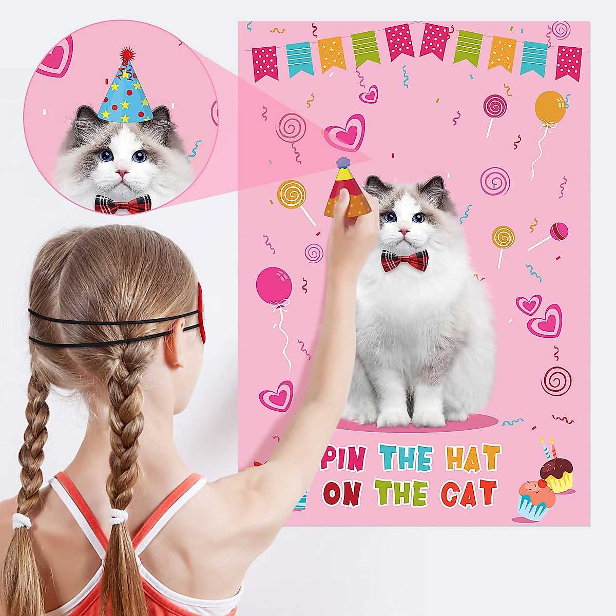 Pin The Hat On The Cat Party Game Cat Birthday Party Games for Kids, Cat Birthday Party Supplies Decorations for Girls Boys, Large Cat Poster with 54 Hat Stickers
