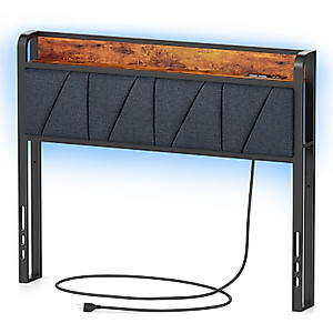 Furnulem LED Headboard with Open Storage Shelf,Black Upholstered Backrest Head Board for Full Size Bed Frame with Outlets, USB Ports,Sturdy and Stable Rack,Height Adjustable,Linen Fabric