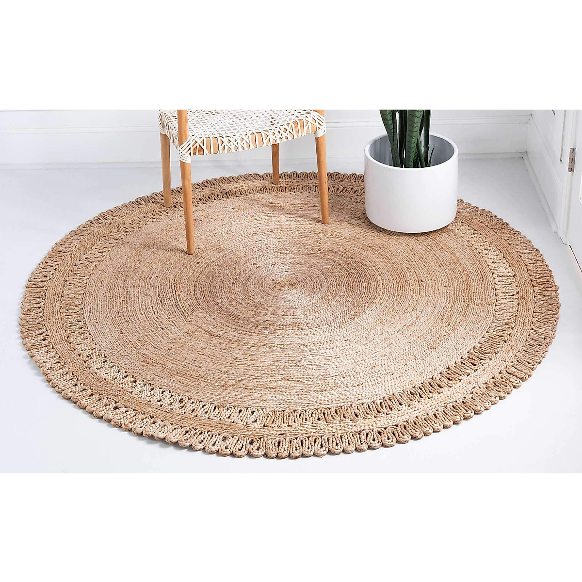 Unique Loom Braided Jute Collection Classic Quality Made Natural Hand Woven With Circle Swirl Details Area Rug, 4' 0 x 4' 0 Round