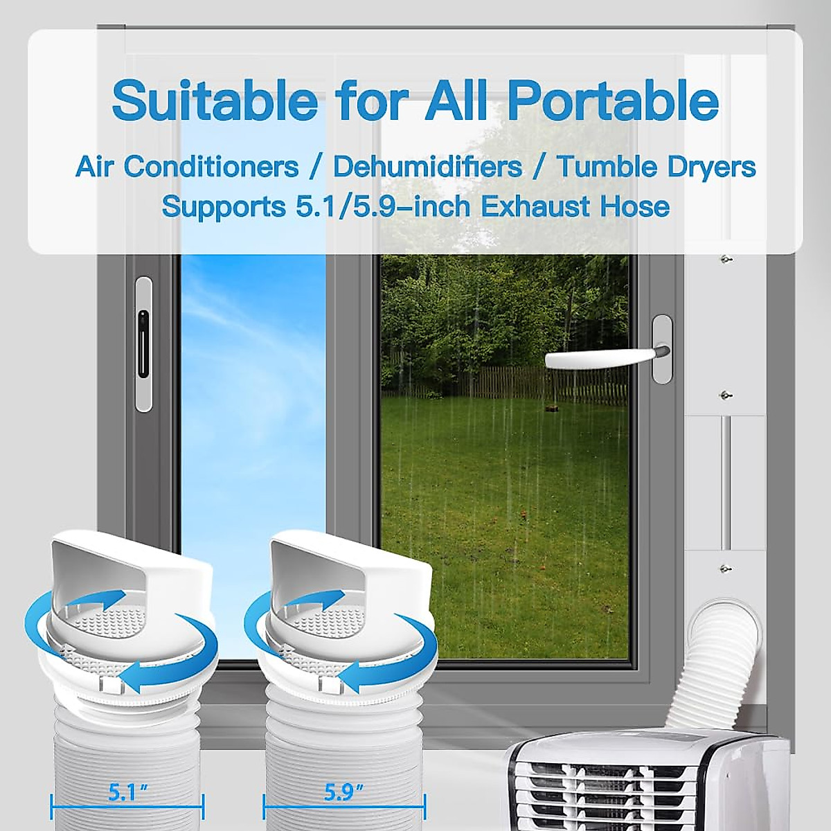 Aozzy Portable Air Conditioner Window Kit Fit for All AC with 5.1/5.9" Exhaust Hose, Upgrade AC Vent Kit for Sliding Window with 4 Adjustable Plates, Rain Cover, Seamless Connection, Max lenght to 60"