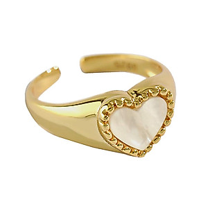 Vintage Heart S925 Sterling Silver Ring for Women Dainty Engagement Promise Love Expandable Open Finger Statement Stacking Rings Adjustable Fashion Valentine Mother's Day Shell Pearl Gold