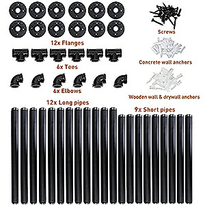 HITOMEN Industrial Iron Pipe Shelves Shelf Brackets Black Vintage Retro Shelving Wall Mounted DIY Open Bookshelf Rustic Farmhouse Pantry Kitchen Storage (3Pcs 4 Tier, 42" Tall 12" Deep, Hardware Only)