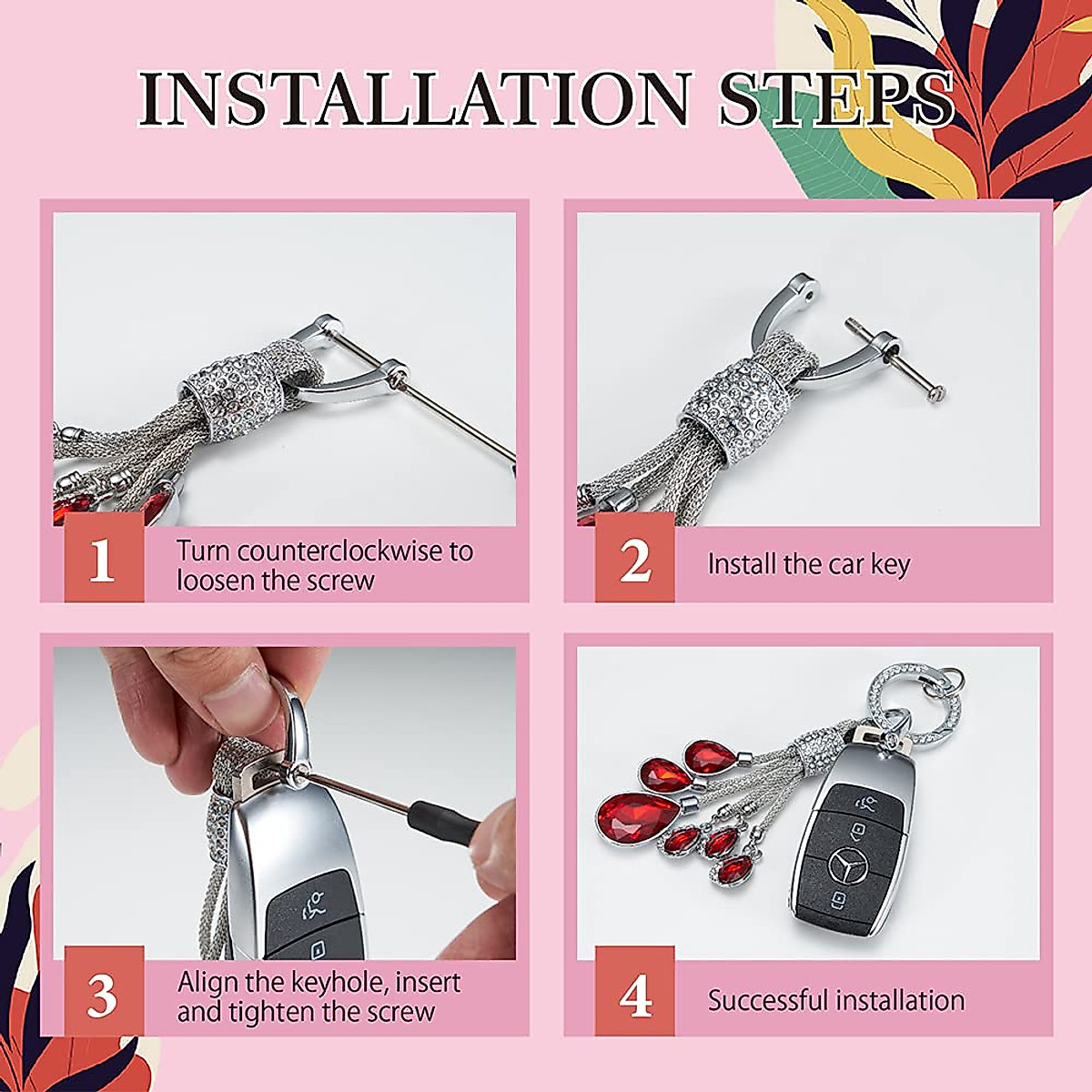 Bling Crystal Car Keychain for Women, Keychain Accessories With Rhinestones, Fashionable Car Key Chain for Car Keys Fit BMW Honda Audi Lexus Ford Mercedes Benz Nissan Cadillac Toyota (2 Red)