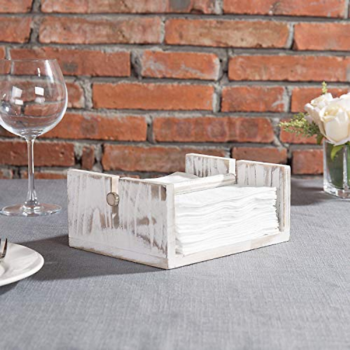 MyGift Whitewashed Wood Square Flat Napkin Holder with Weighted Arm, Farmhouse Dining Table Napkin Holder