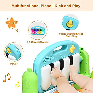 BABY JOY Baby Play Mat, Kick and Play Gym with Detachable Piano, Foot Gym Carpet Piano Fitness Rack, 4 Rattle Pendants and 1 Mirror, Ideal for Baby Room (Rainbow)