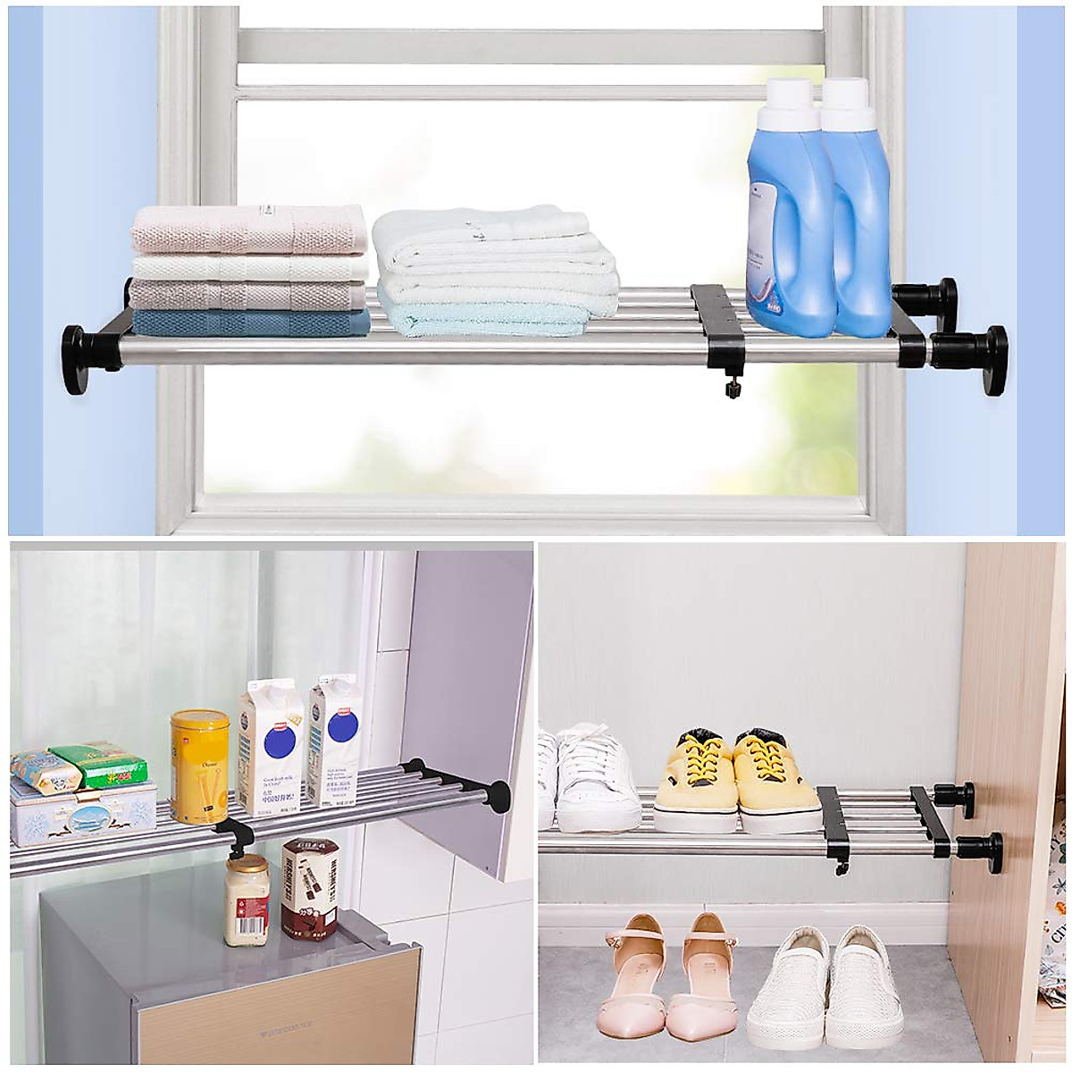 BAOYOUNI Expandable Closet Shelf Tension Rod Clothes Hanger Storage Rack Adjustable DIY Shelving Unit Cabinet Kitchen Bathroom Divider Separator Organizer, Black