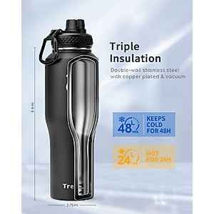 Trebo Water Bottle 32oz with Paracord Handle,Food-grade Double Wall Vacuum Stainless Steel Insulated Tumbler Flask with Straw Spout Lids,Leakproof Keep Cold & Hot,Fit in Any Car Cup Holder,Black