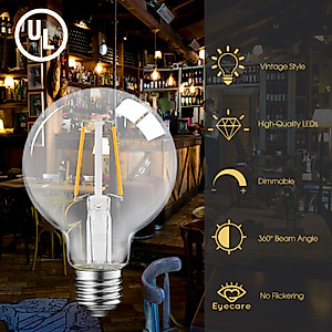 E ENERGETIC LIGHTING Edison Light Bulb, 5W Dimmable, G25 Globe Shape, Clear Glass, 60W Equivalent, 2700K Soft White, 500LM, G80 Christmas Light, E26 Standard Base, UL Listed, 6-Pack