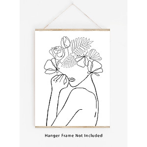 Woman with Flowers on Head Line Art - 11x14 UNFRAMED Abstract Minimalist Decor Wall Print in Black on White.