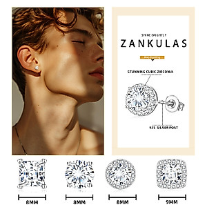 Zankulas Cubic Zirconia Stud Earrings for Women Mens Earrings Hypoallergenic Sterling Silver Post Square CZ Studs Set Silver