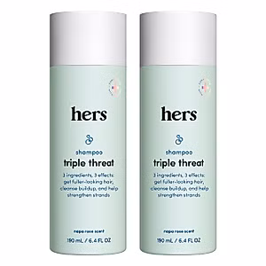 hers Triple Threat Shampoo 2 Pack - Thickening Shampoo for Women with Biotin, Saw Palmetto, Pumpkin Seed Oil - Reduces Shedding - Light Rose Scent - 2 Pack, 6.4oz