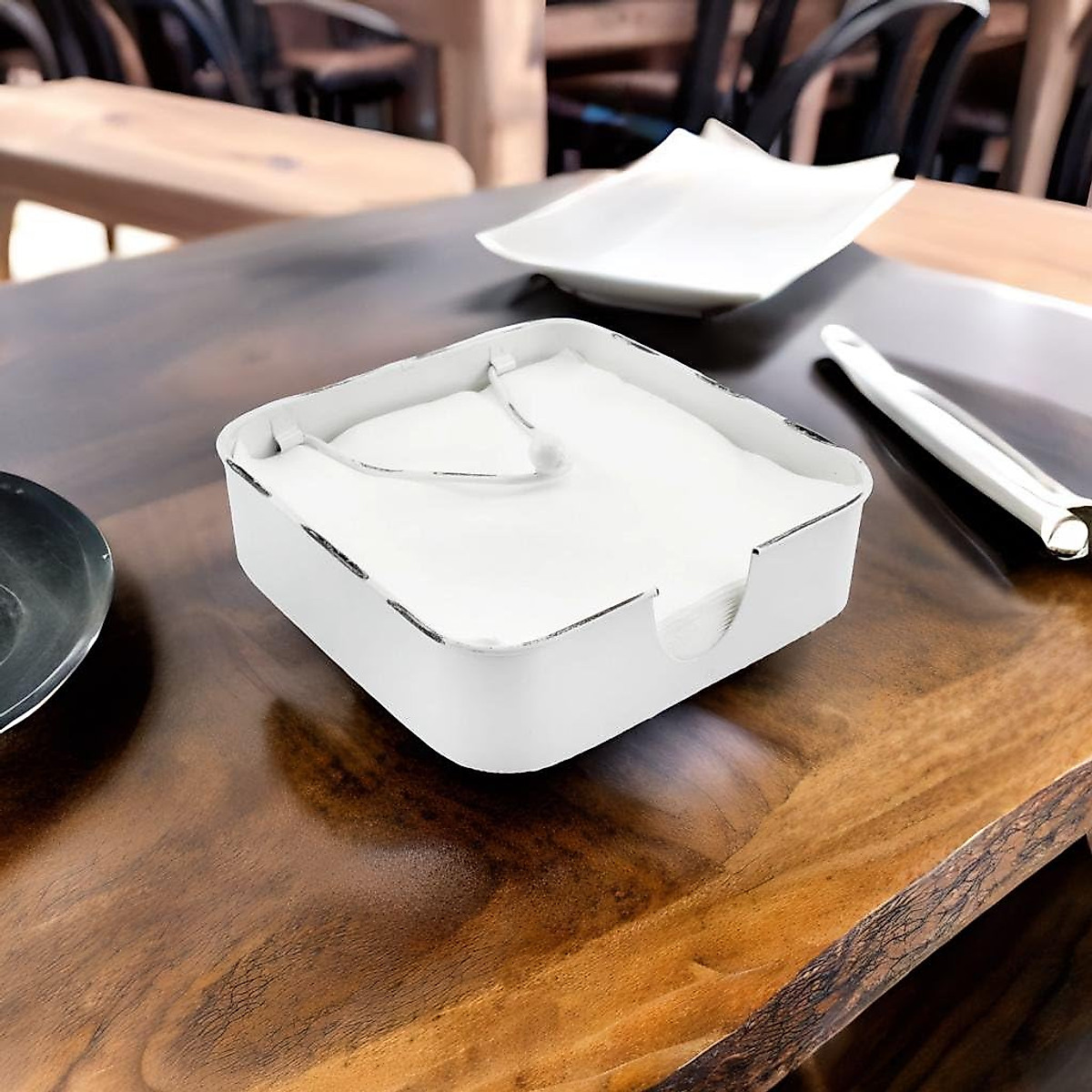 AuldHome White Enamel Napkin Holder, Distressed Rustic Napkin Dispenser