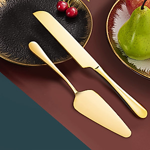 Mamajardin Cake Cutting Set for Wedding - Elegant Knife and Server Set with Stainless Steel Rounded Edges, Cake Cutter Pie Spatula Birthday Anniversary Easter Mother's Day Gifts of 2, Gold