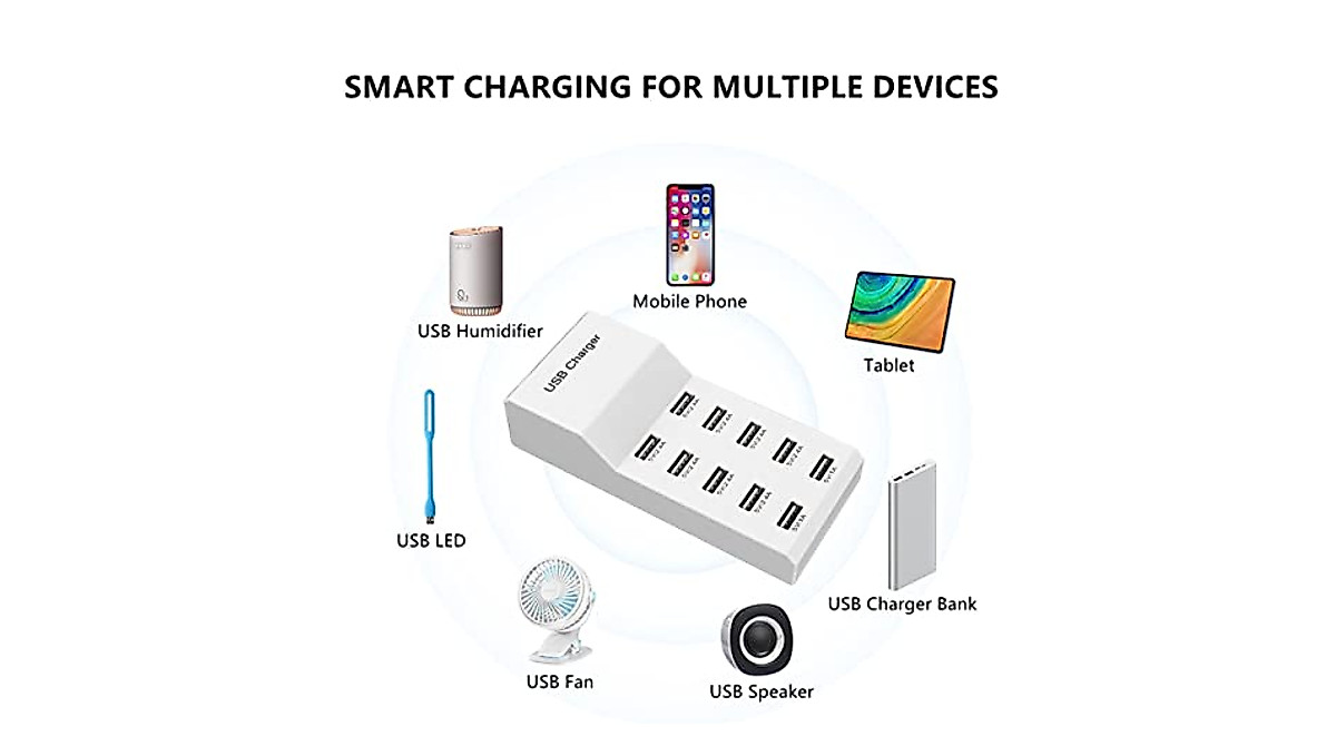 10-Port USB Charging Station: Smart & Safe Multi-Device Charger