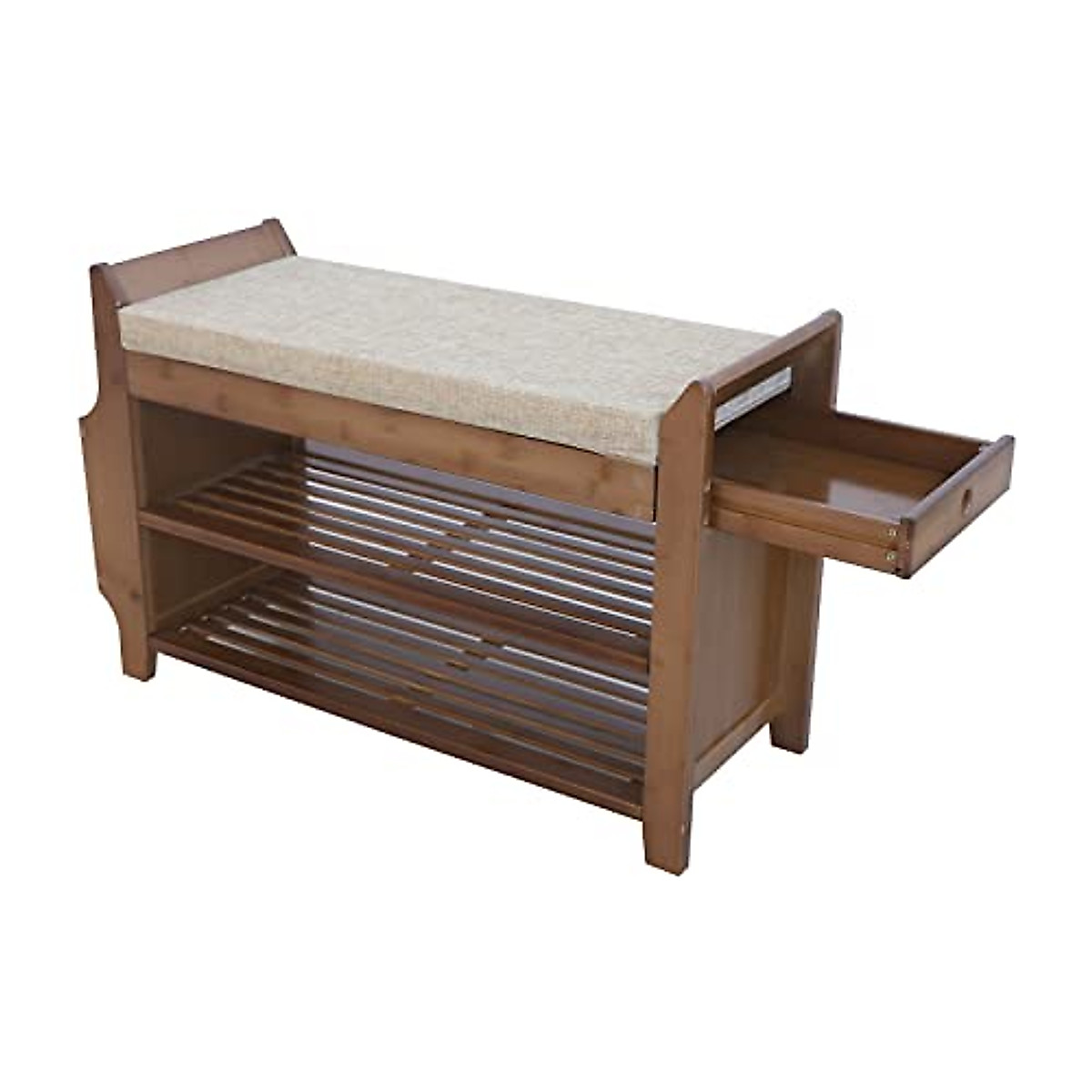 ZHFEISY Shoe Bench 2 Tier Shoe Rack Bamboo 6 Pairs Shoes with Sponge Cushion Storage Basket Shoe Rack Bench Organizer Brown for Home Living Room Entryway