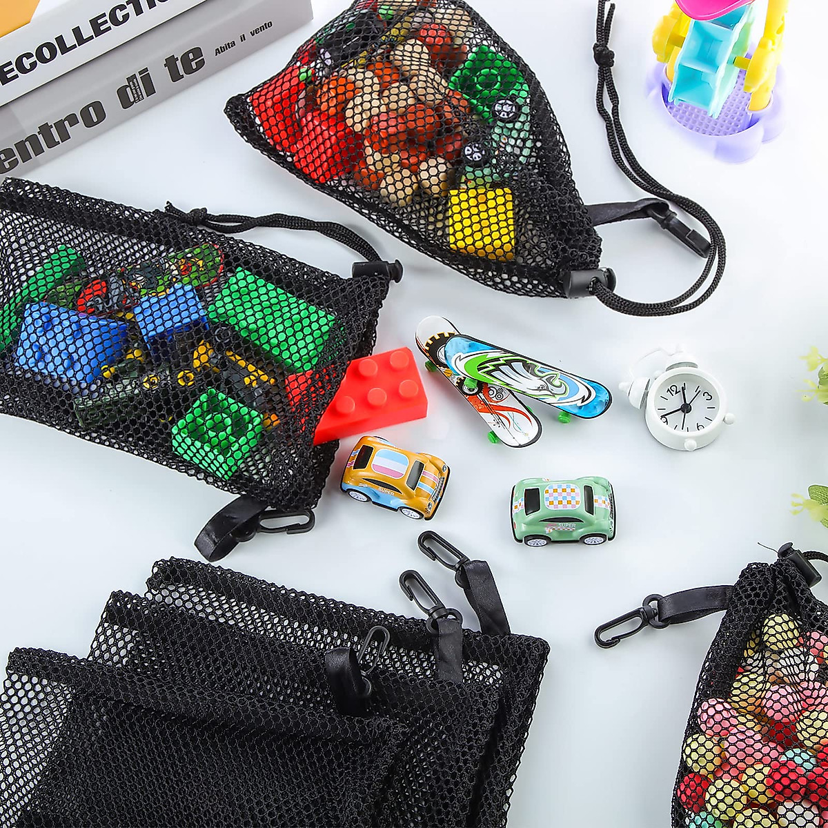 8 Pieces Black Mesh Drawstring Bags with Clips Small Nylon Storage Mesh Bags Shell Bag Dishwasher Net Bag for Jewelry Beach Collecting Toys Gifts Travel Kitchen Favor (33 x 40 cm/ 13 x 15.75 Inch)