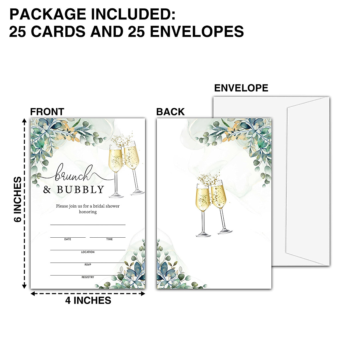 Greenery Eucalyptus Brunch & Bubbly Invitations with Envelopes for All Occasions, 25 Pcs Champagne Brunch Blank Fill-in Invites for Bridal Shower, Wedding Reception, Engagement Party(02)