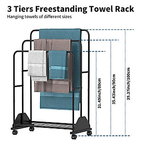 GloTika Freestanding Towel Rack for Bathroom, 3-Tiers Pool Towel Rack Outdoor, Blanket Bath Towel Drying Rack, Laundry Storage Towel Stand with Wheels for Bedroom, Towel Dryer for Bathroom Black