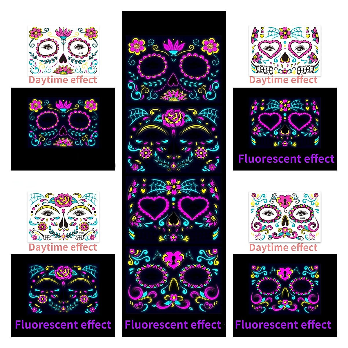 Beilingdun Halloween & Day of the Dead Sugar Skull Glowing Temporary Face Tattoos (8 Packs),Roses Spider Net and Floral Black Skeleton Web Red Roses Full Face Mask Tattoo for the halloween &Night Party