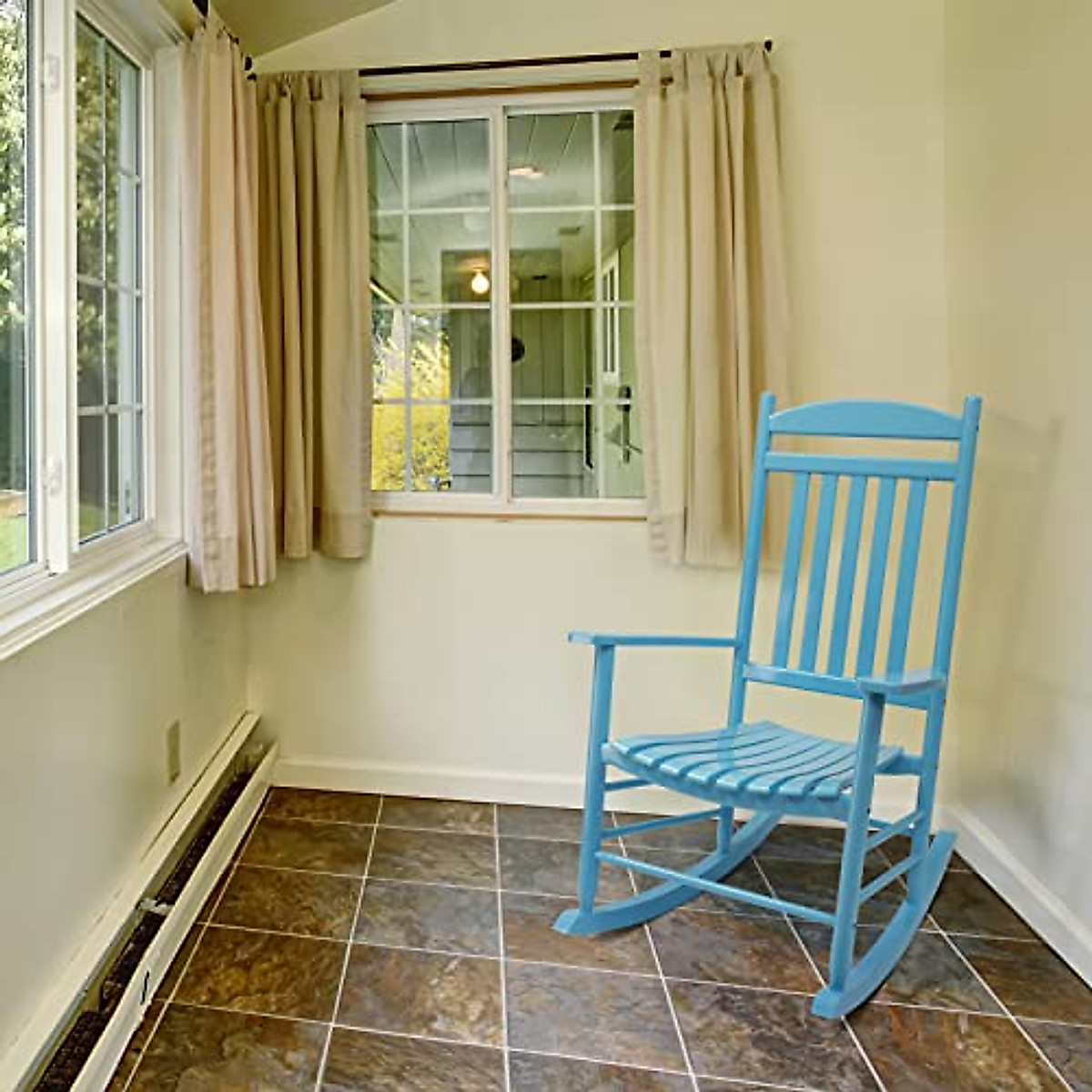 ALIMORDEN Solid Wood Porch Rocking Chair, High Back Slat Reclining Seat Patio Chair, Indoor Outdoor, Blue