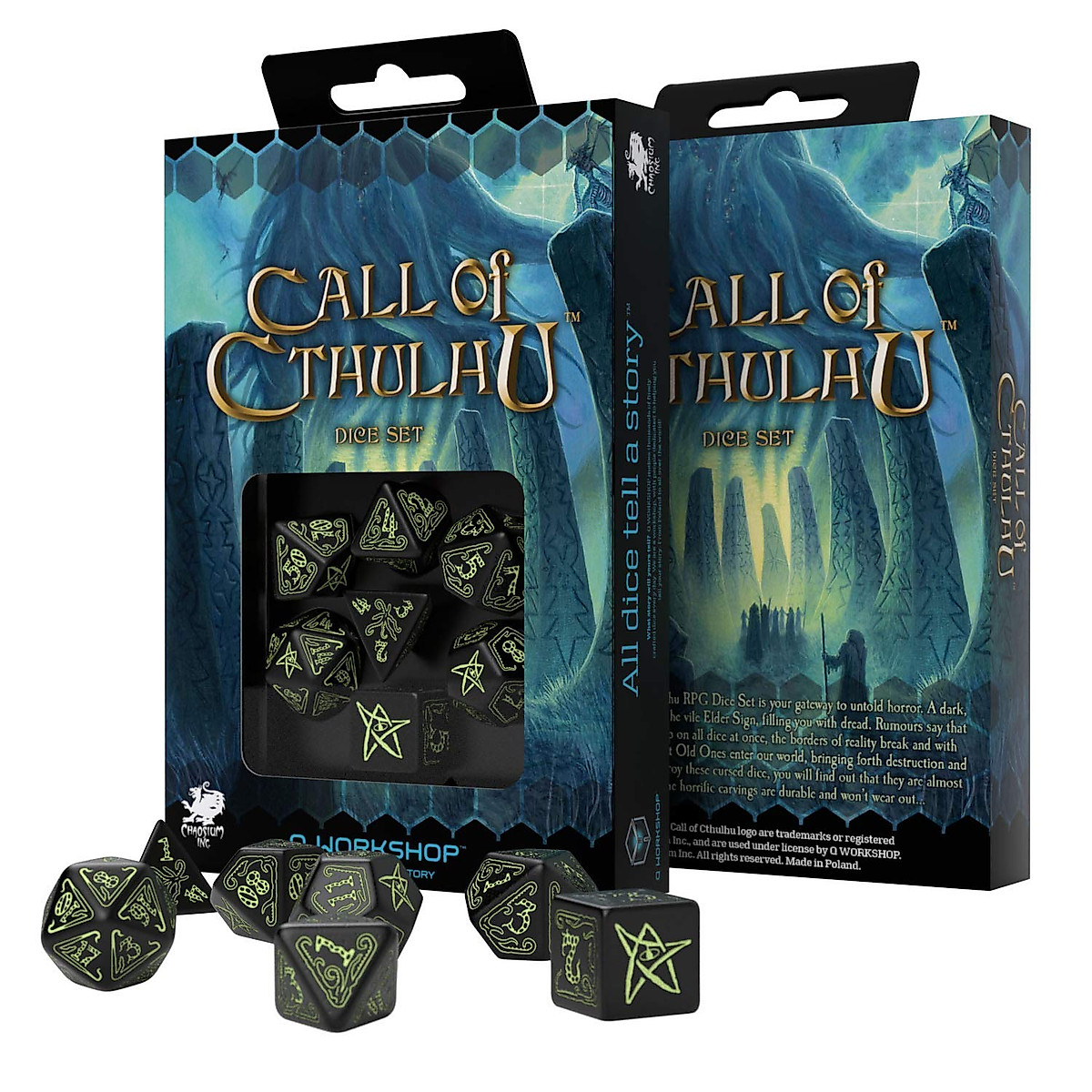 Q-Workshop Call of Cthulhu Black & Glow-in-The-Dark RPG Ornamented Dice Set 7 Polyhedral Pieces Black & Glow-in-the Dark, Standard (15mm - 17mm)