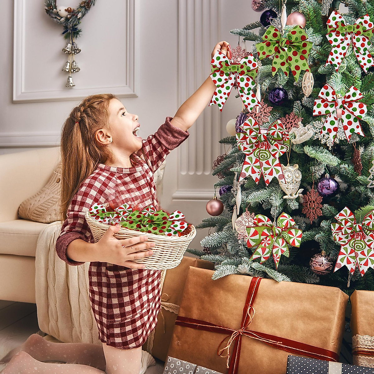 Christmas Ribbon Wired 24 Yard 2.5 Inch Wide Christmas Tree Ribbon Candy Dot Ribbon for Wrapping, Christmas Tree, Wreath, Garland, Home Decor