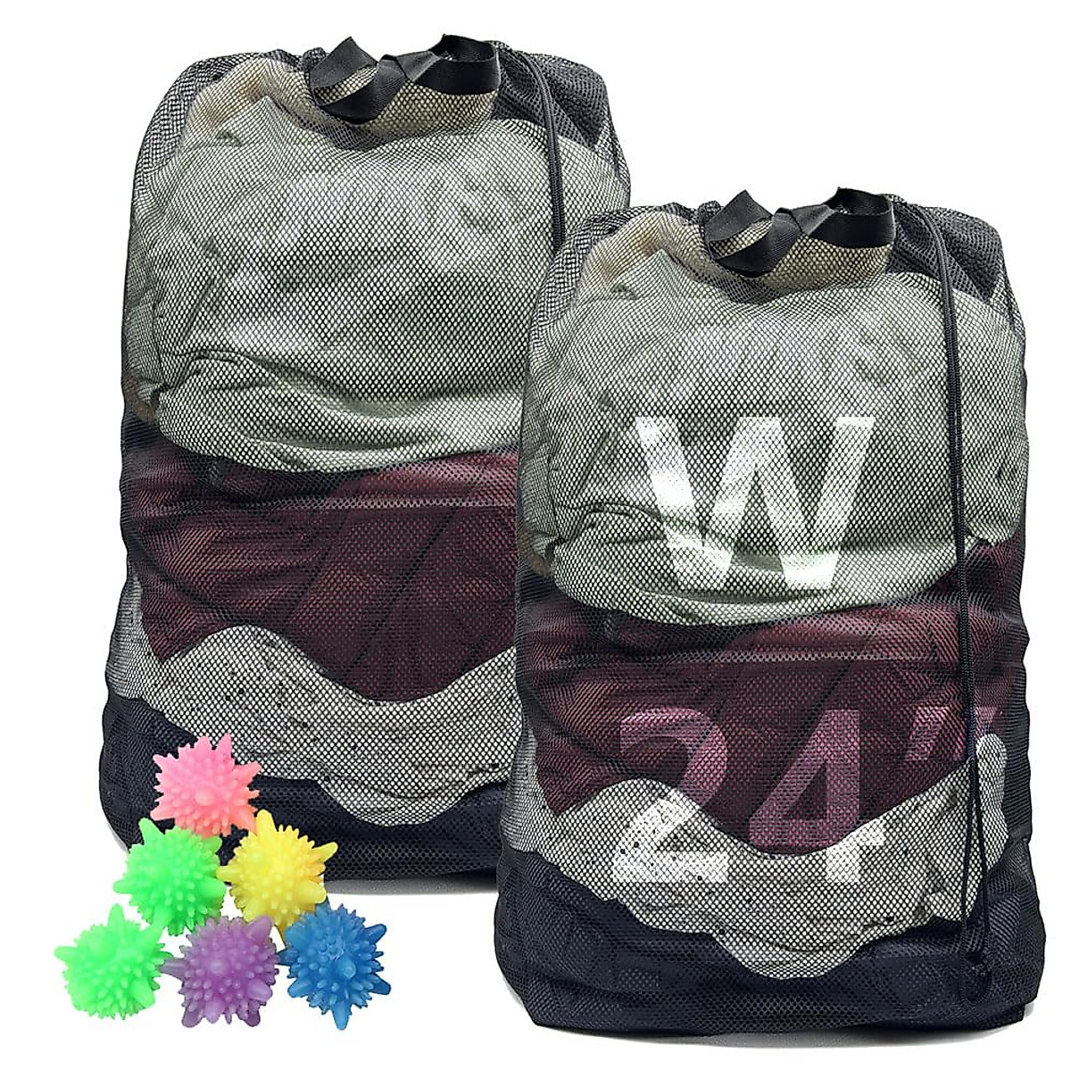 2pcs Black Large Mesh Laundry Bag Comes With 6 pcs Reusable Laundry Balls, 24×36inch Heavy Duty Mesh Laundry Bags Drawstring Lockable, Machine Washable, for Travel,Storage（Double handle grip strap）