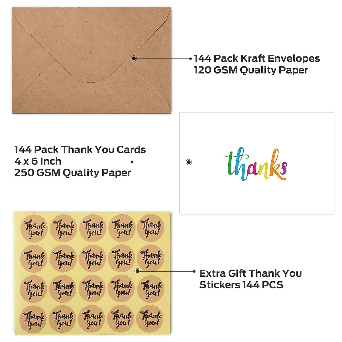 Ohuhu 144 Bulk Thank You Cards with Envelopes, Thank You Notes Box Set with Elegant 8 Rainbow Colorful Designs Greeting Card for Wedding, Business, Birthday, Baby Shower, Blank Inside, 4 x 6 Inch
