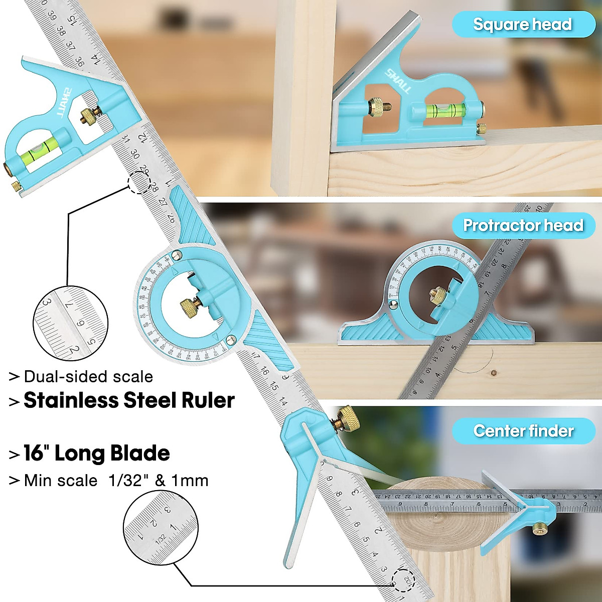 SHALL Rafter Square & Combination Square Tool Set, 7 Inch Aluminium-Alloy Carpenter Square & 16 Inch Zinc-Alloy Woodworking Framing Square Combo w/Stainless Steel Ruler, 2 Carpentry Pencils, Scriber