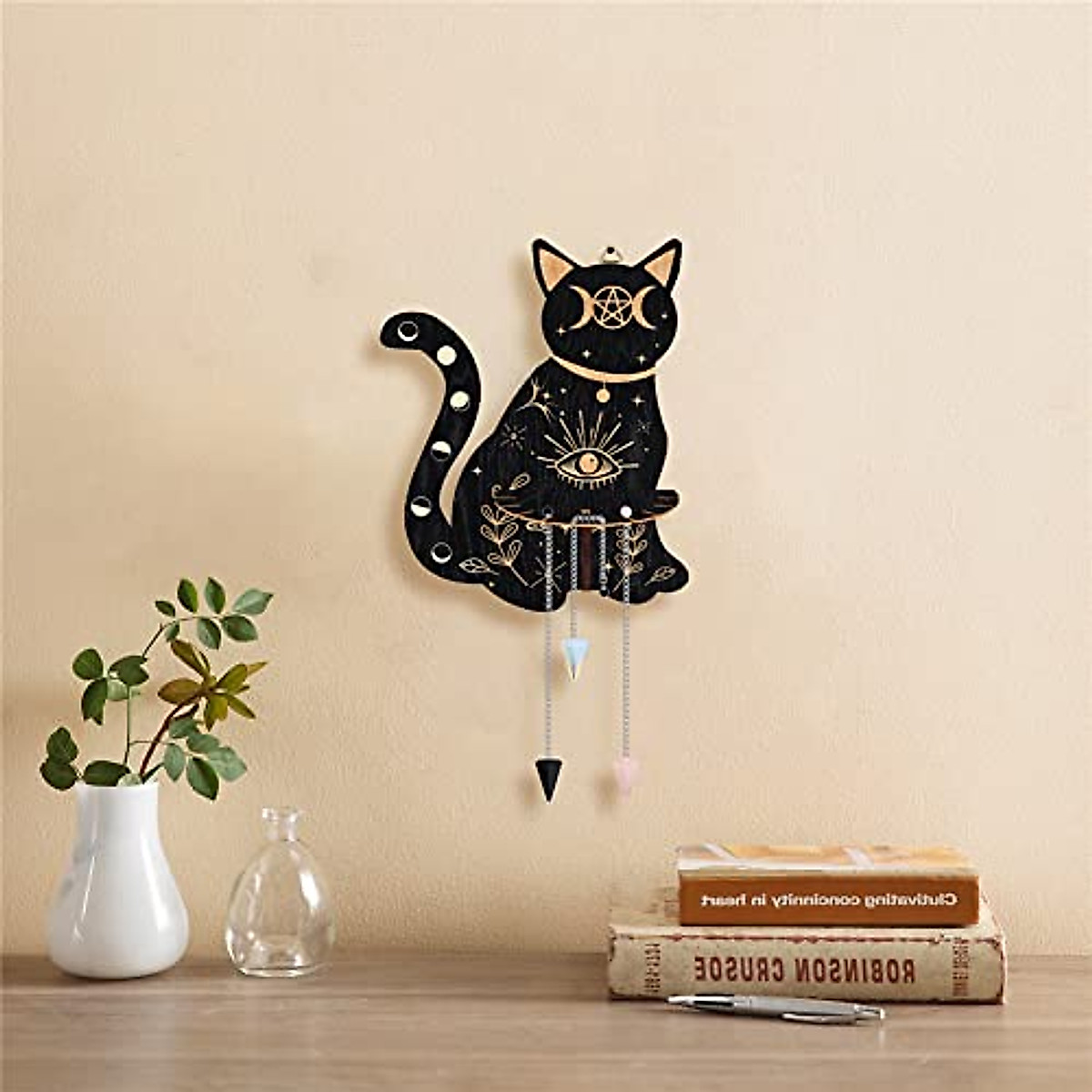 CRASPIRE Small Crystal Shelf Cat Black Crystal Display Shelf Magical Boho Wooden Witch Altar Wall Mounted Hanging Rustic Crystal Holder Stand with 3 Pieces Crystals Stones for Wall Decor