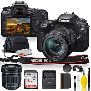 Canon EOS 90D DSLR Camera with 18-135mm Lens, Canon EF-S 10-18mm f/4.5-5.6 is STM Lens, Soft Padded Case, Memory Card, More (International Model) (Renewed)