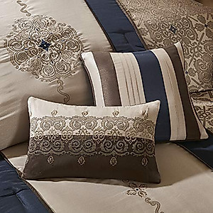 Madison Park Comforter Faux Silk-Traditional Luxurious Jacquard Design All Season Set, Matching Bed Skirt, Decorative Pillows, King(104"x92"), Navy 7 Piece