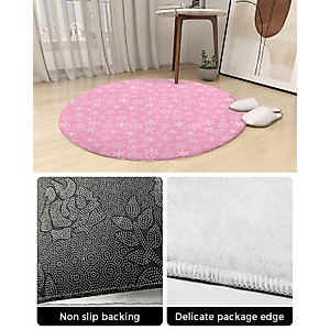 Pink Christmas Fluffy Round Area Rug Carpets 4ft, Plush Shaggy Carpet Soft Circular Rugs, Non-Slip Fuzzy Accent Floor Mat for Living Room Bedroom Nursery Home Decor Winter Fantasy Snowflake